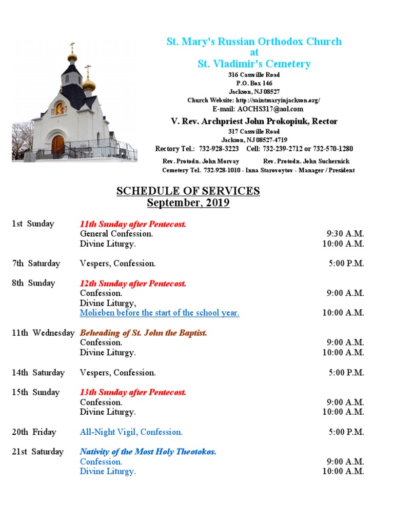 Schedule of Divine Services - September, 2019 | PDF | Pentecost ...