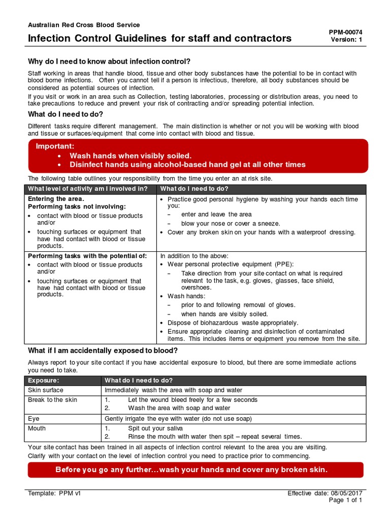 Infection Control Guidelines For Staff and Contractors PPM 08 MAY 17 ...