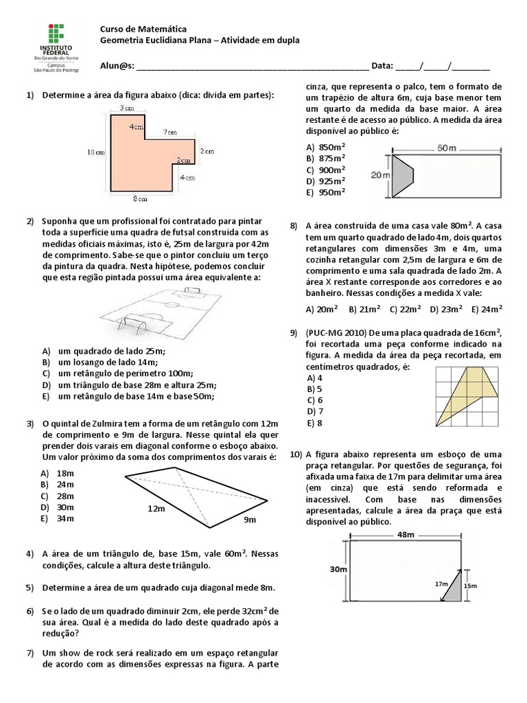 Atividade de Geometria Euclidiana Plana com Cálculos de Áreas e Medidas de Figuras Planas | PDF ...