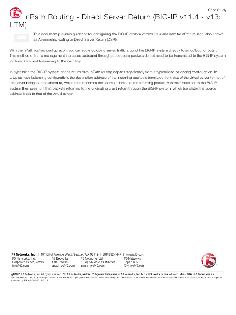 Npath Routing - Direct Server Return (Big-Ip V11.4 - V13: LTM) | PDF
