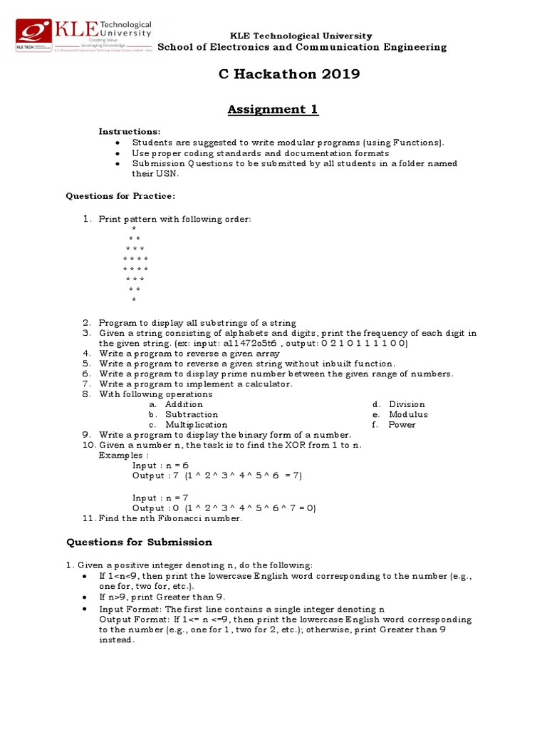 C Hackathon 2019 Assignment 1 Pdf String Computer Science Computer Programming