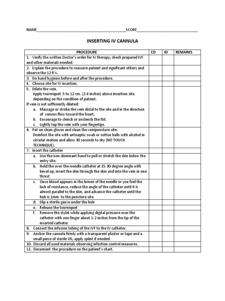 IV Cannula Insertion Procedure | PDF