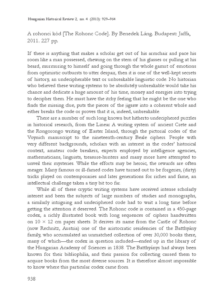 A Rohonci Kód (The Rohonc Code) - by Benedek Láng. Budapest: Jaffa, 2011. 227 PP | Download Free ...