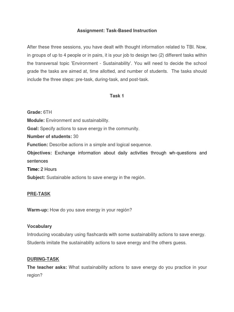 TBI Task Design for Environment Sustainability | PDF | Question ...