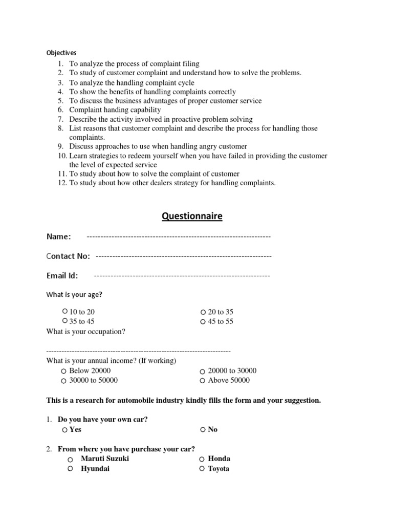 Questionnaire: Objectives | PDF | Marketing | Business Economics