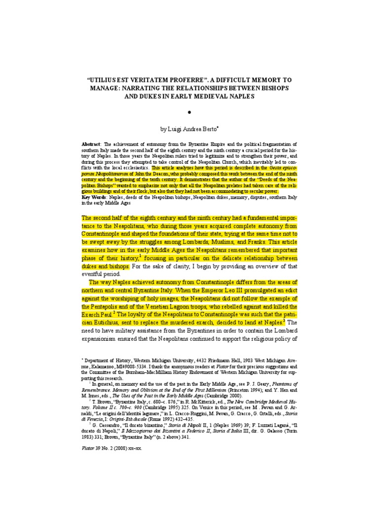 Naples Bishops and Dukes in Early Medieval Naples' | PDF | Naples ...