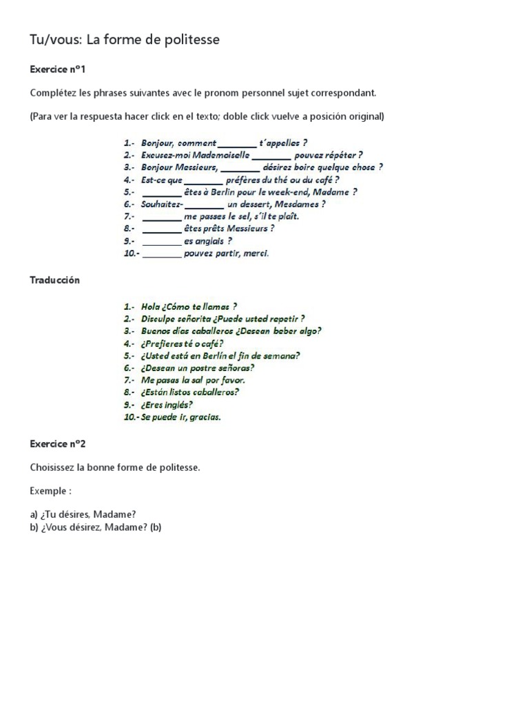 SESION 3 Tu - Vous - La Forme de Politesse - Francés Elemental ...