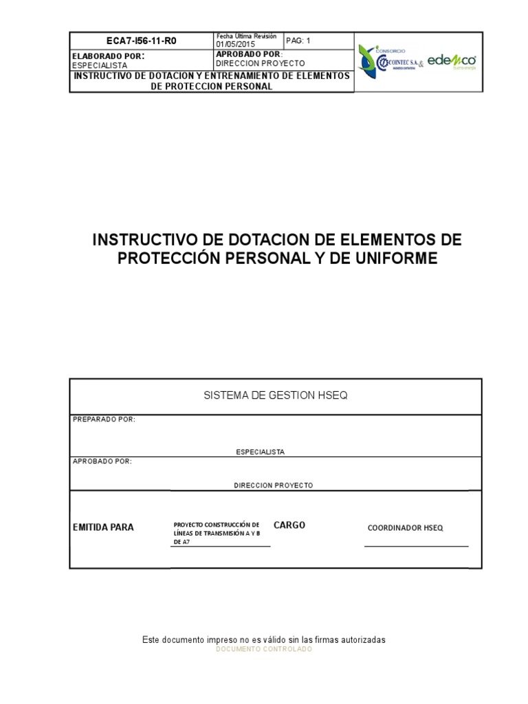 Eca7-I56-11 Instructivo de Dotacion de Epp y Uniformes | PDF | Seguridad y salud ocupacional | Agua