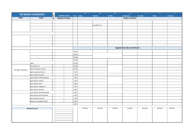 The Weekly Worksheet: Roles Goals Weekly Priorities Today's Priorities ...