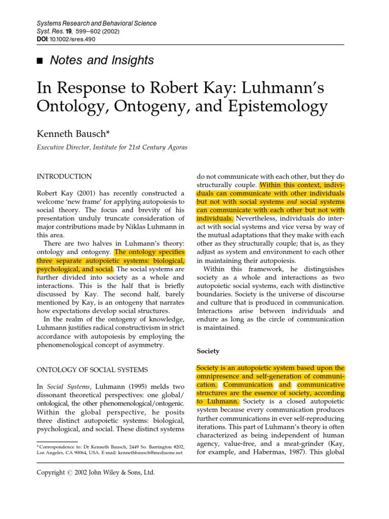 In Response To Robert Kay: Luhmann's Ontology, Ontogeny, and ...