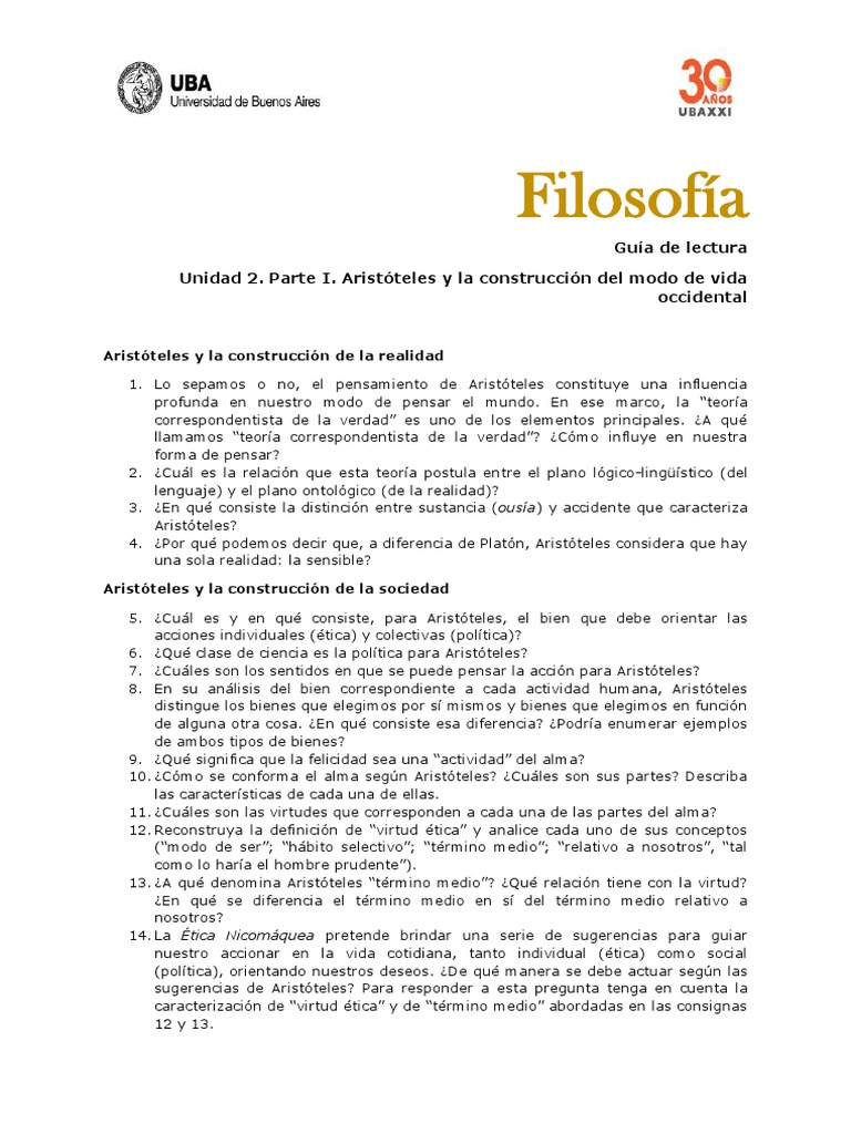 Guía de Lectura - Unidad 2. Parte I. Aristóteles y La Construcción Del Modo de Vida Occidental ...