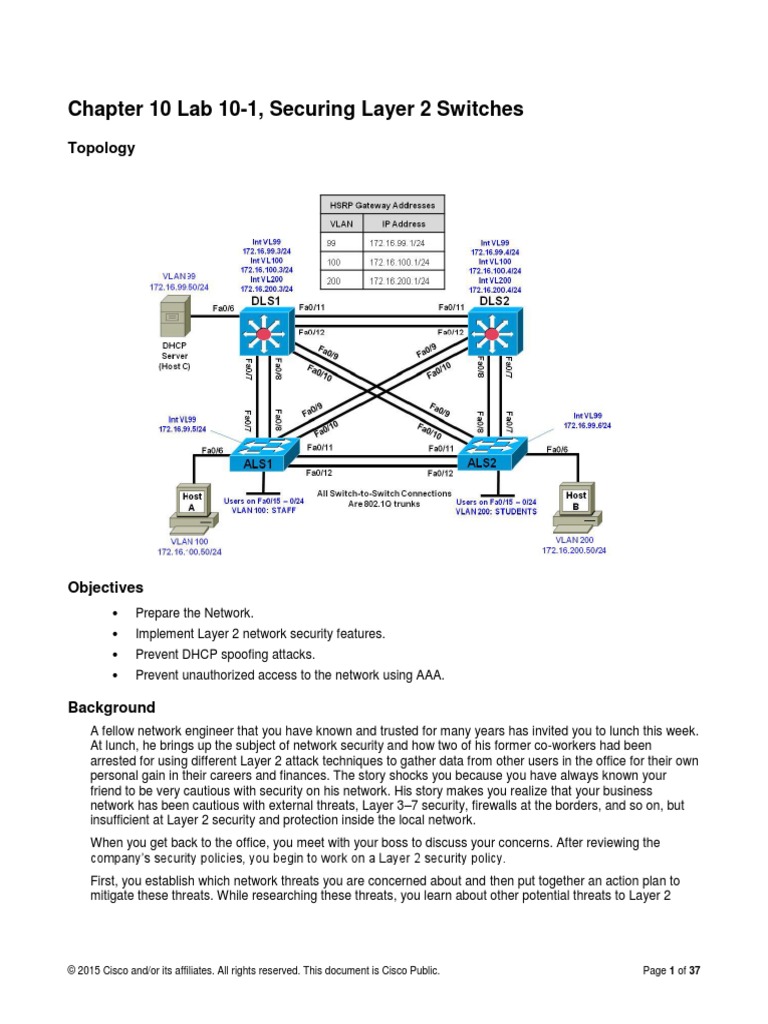Ccnpv7.1 Switch Lab 10-1 Securing Layer2 Student | PDF | Network Switch | Computer Network
