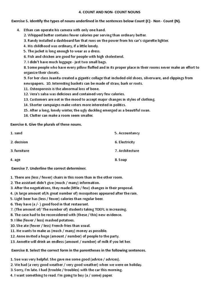 Count and Non-Count Nouns Exercise 5. Identify The Types of Nouns ...