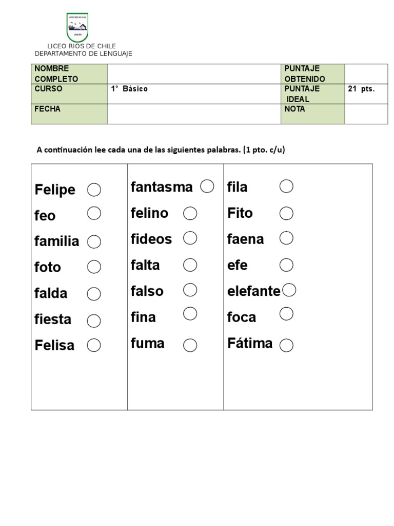 Palabras con F para Primer Grado | PDF