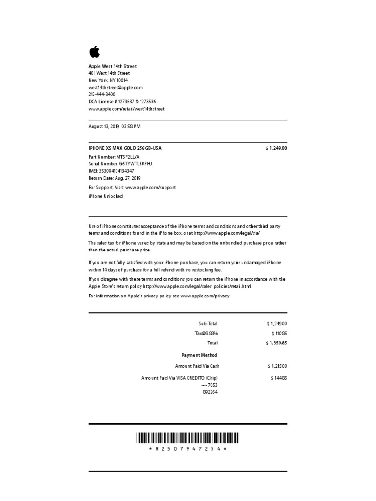 iPhone XS Max Purchase Receipt | PDF
