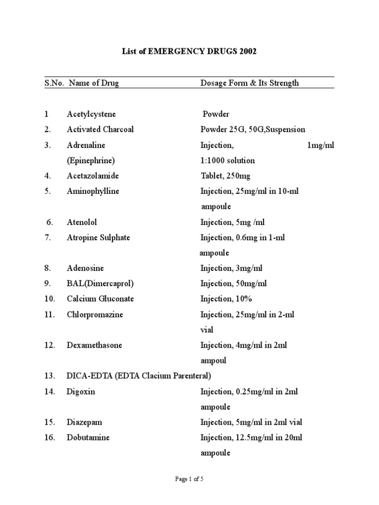 Emergency Drug List | PDF | Pharmacy | Pharmaceutical Sciences
