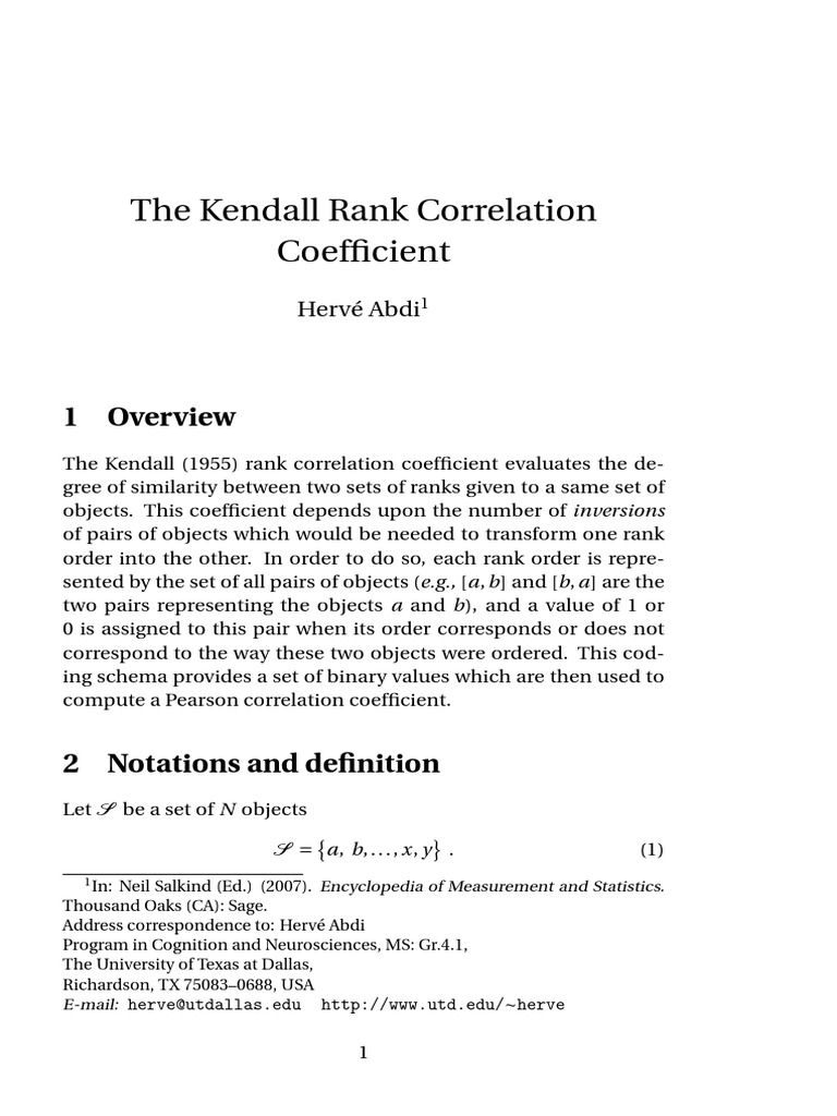 The Kendall Rank Correlation Coefficient: 1 Overview | PDF ...