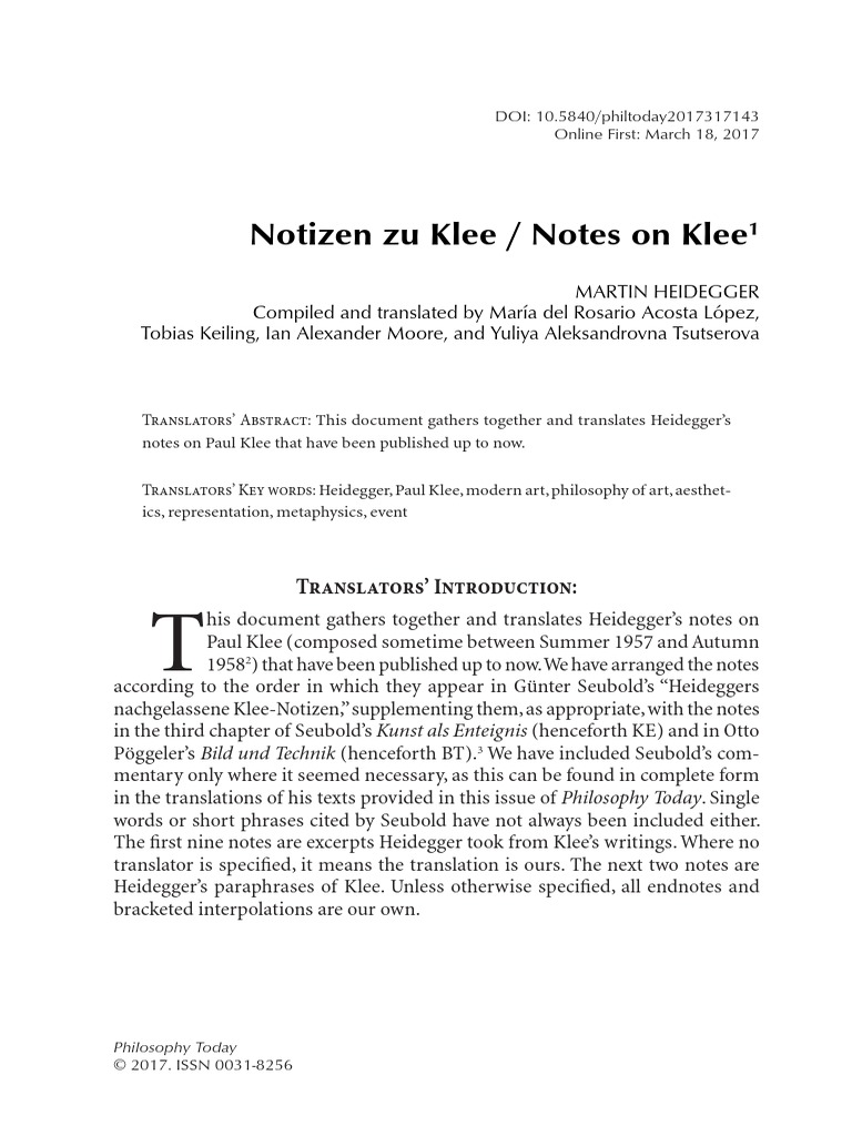 Heidegger Notizen Zu Klee Notes On Klee PDF | PDF | Martin Heidegger ...