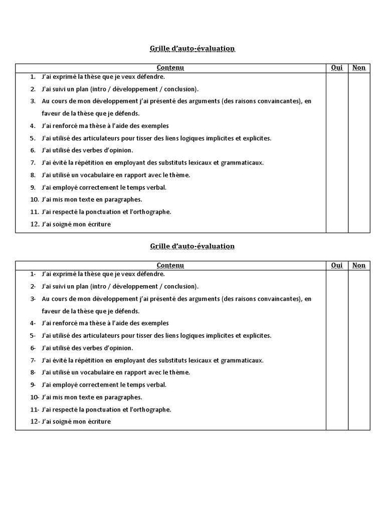 Grille D'auto-Évaluation (Élève) | PDF
