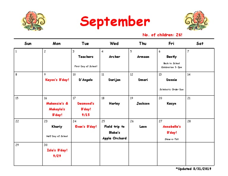 September Snack Calendar | PDF