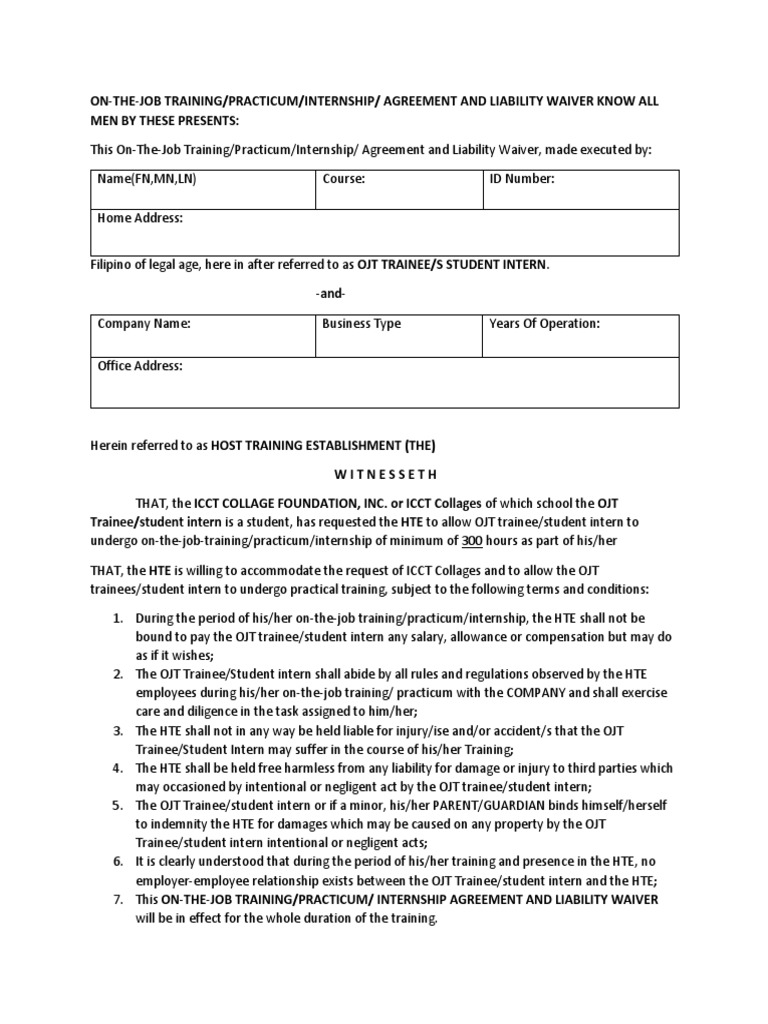 On-The-Job Training/Practicum/Internship/ Agreement and Liability ...