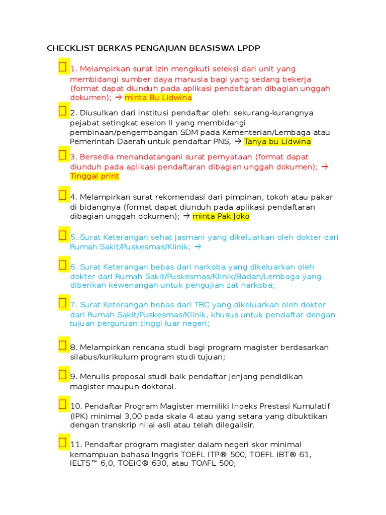 Checklist Berkas Pengajuan Beasiswa LPDP PNS/TNI/POLRI | PDF