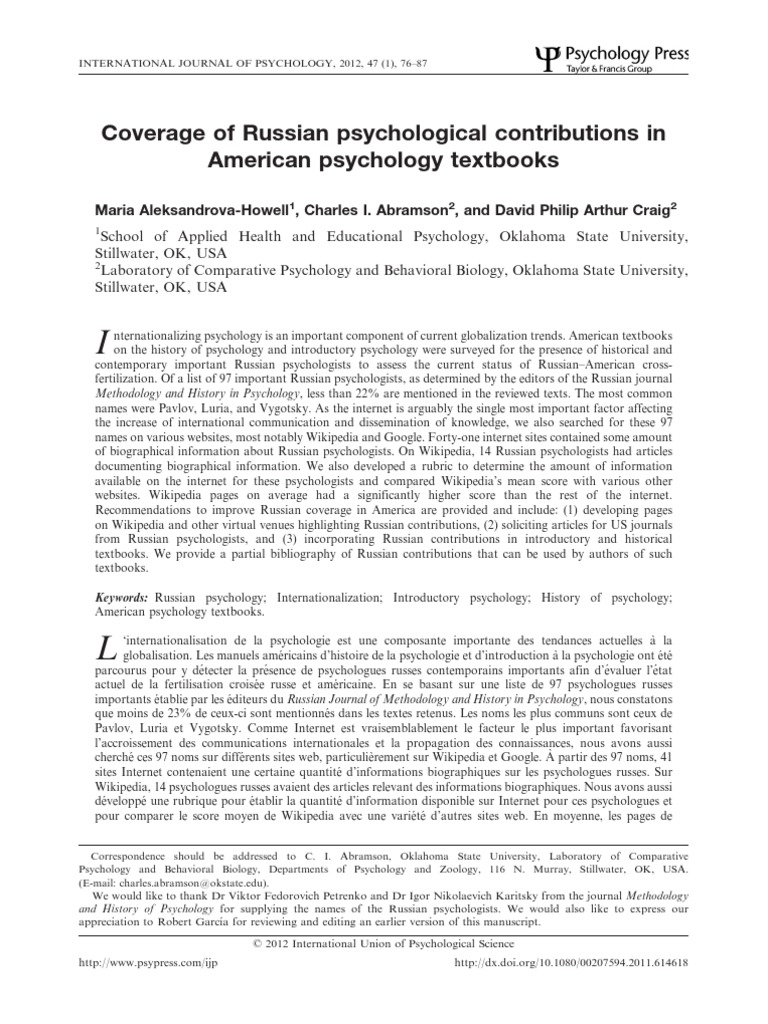 Russian Psychologists in American Texts | PDF | Psychology | Neuroscience