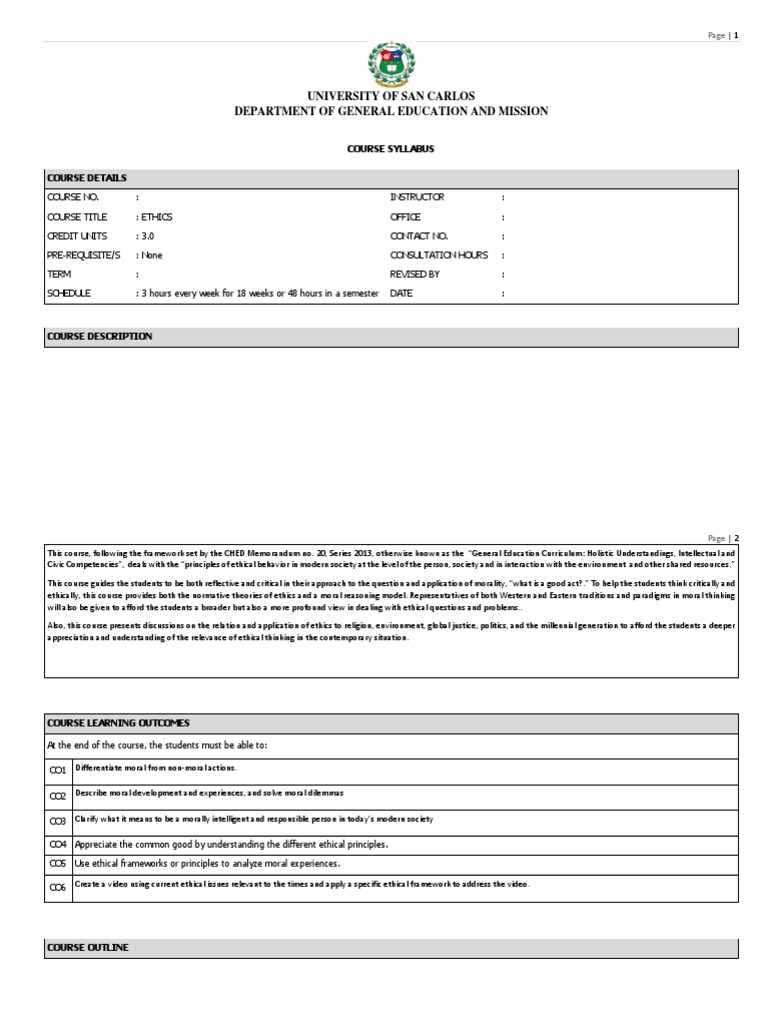Ethics Syllabus OBEDIZED 1 | PDF | Morality | Curriculum