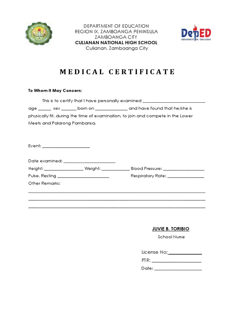 Medical Certificate for Physical Fitness | PDF