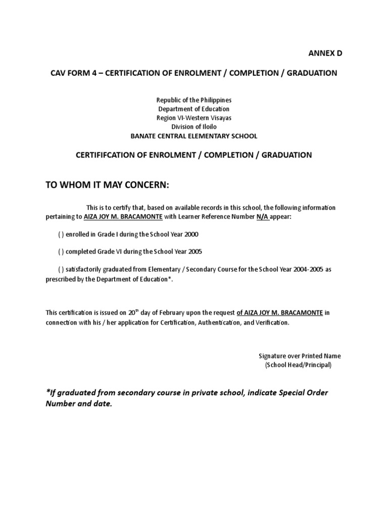 To Whom It May Concern:: Annex D Cav Form 4 - Certification of ...