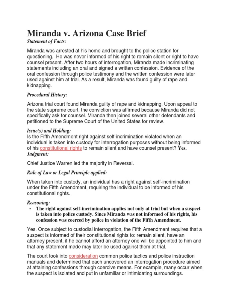 Miranda v. Arizona Case Brief: Statement of Facts | PDF | Miranda ...