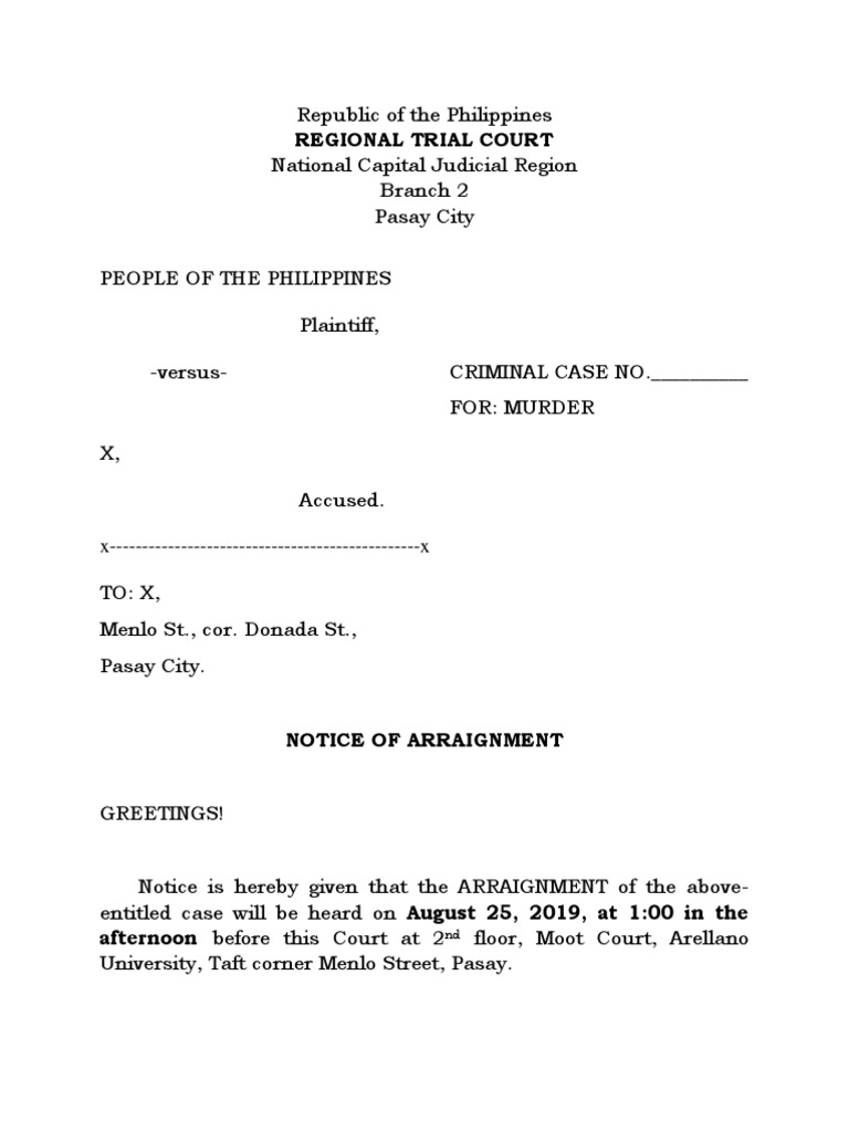 Notice of Arraignment | PDF | Public Sphere | Government Institutions