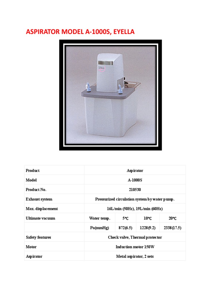 Eyella A-1000S Aspirator Specifications | PDF | Technology & Engineering