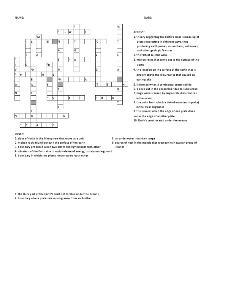 Plate Tectonics Crossword Puzzle | PDF | Plate Tectonics | Crust (Geology)