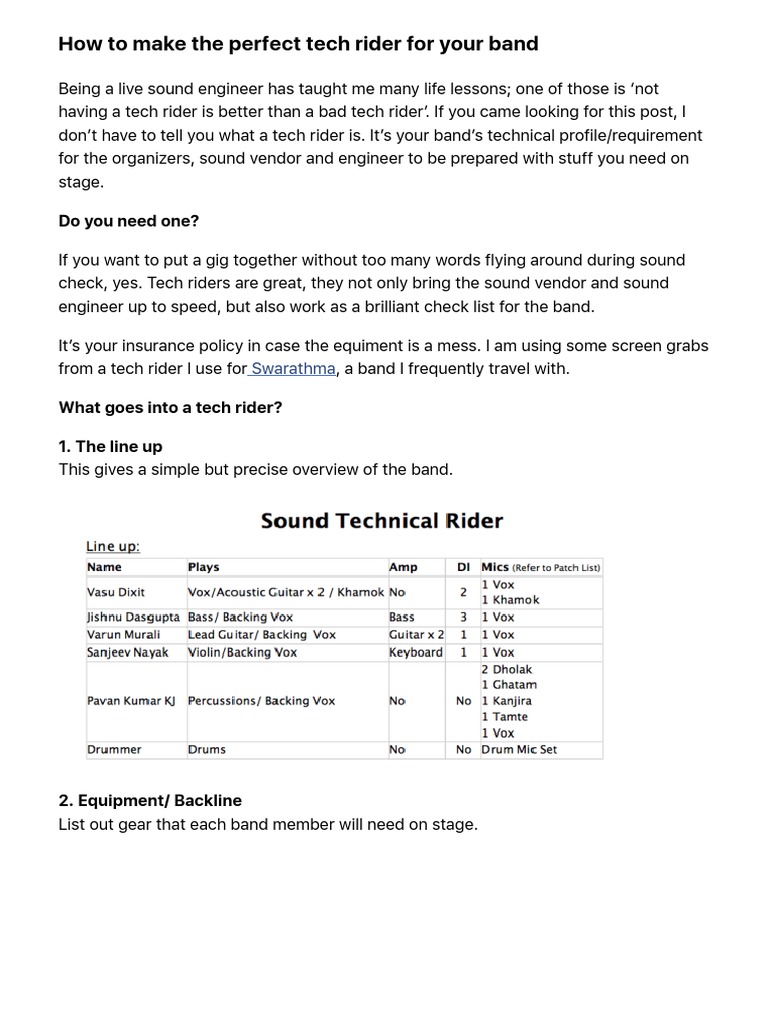 How To Make The Perfect Tech Rider For Your Band - Rahul Samuel | PDF ...