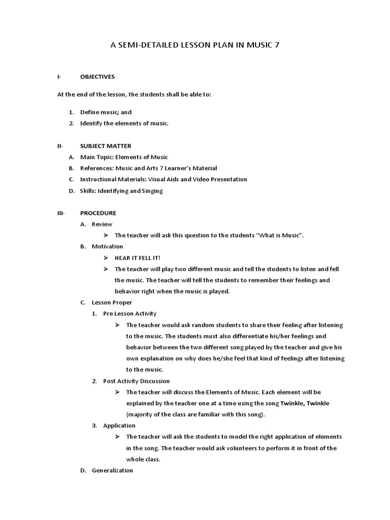 Elements of Music Lesson Plan | PDF | Singing | Pedagogy