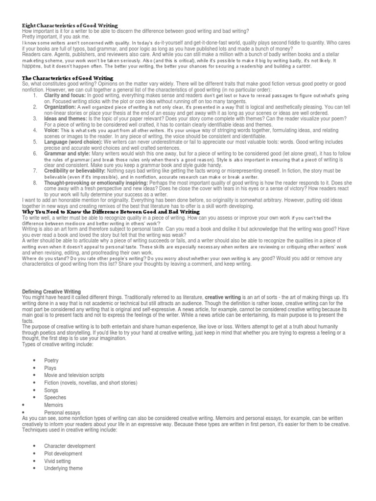 Defining the Characteristics of Good Creative Writing | PDF | Writers ...