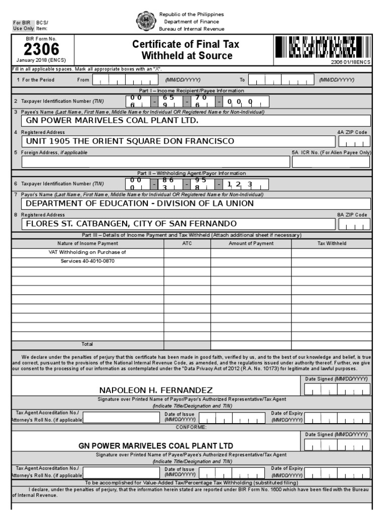 BIR Form 2306: Certificate of Final Tax Withheld | PDF | Withholding Tax | Capital Gains Tax