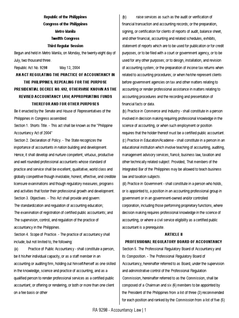 RA 9298 - Accountancy Law | PDF | Certified Public Accountant | Licensure
