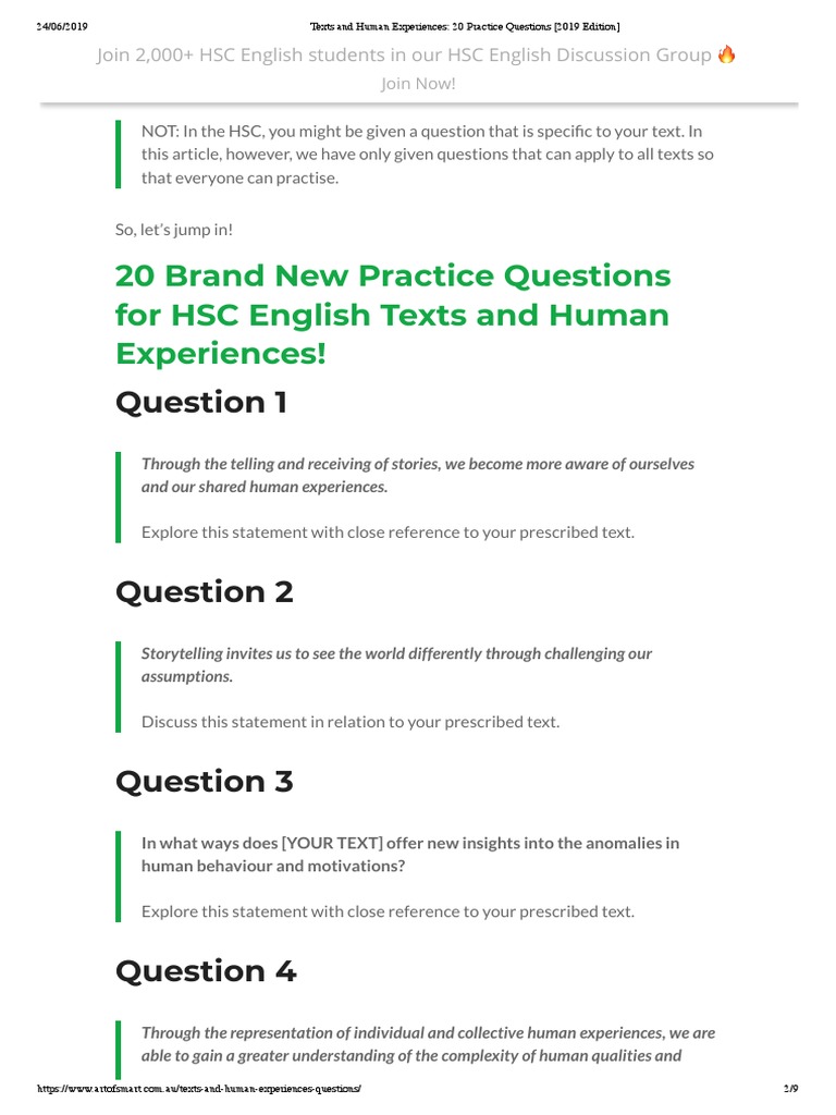 HSC English: 20 Human Experience Questions | PDF | Storytelling ...