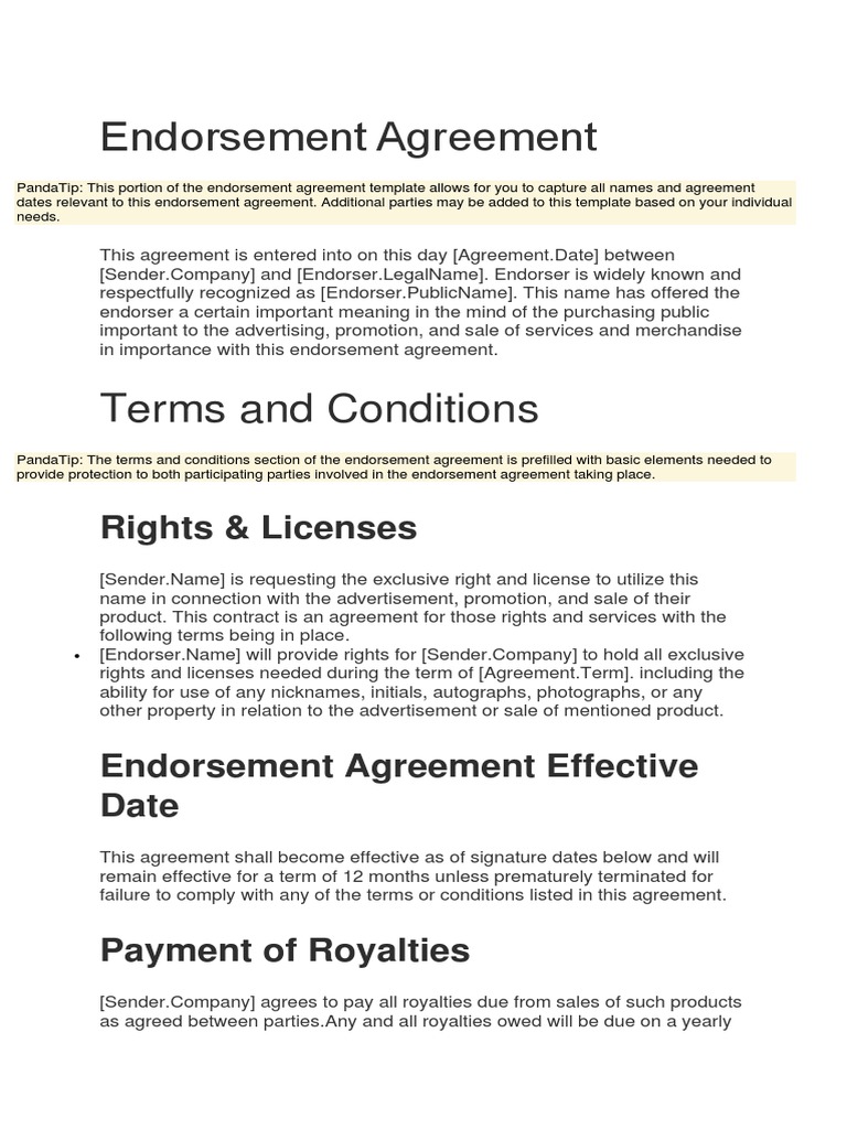 Endorsement Agreement Template Guide | PDF | Royalty Payment ...