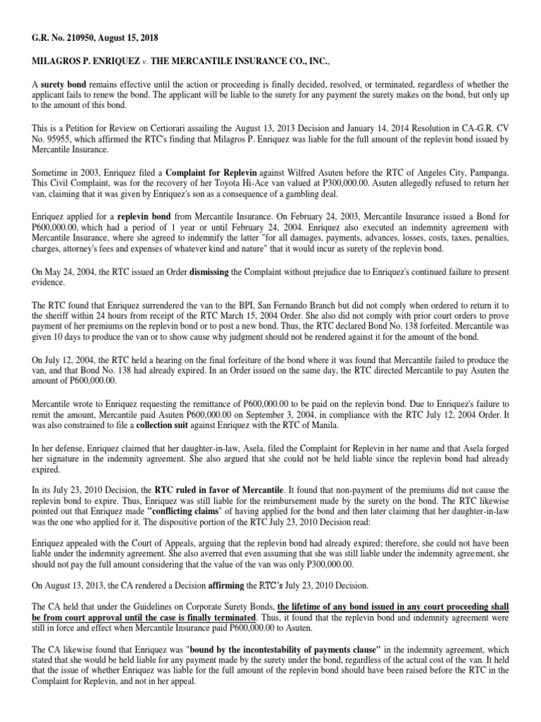 Replevin Case Digests | PDF | Surety Bond | Lawsuit