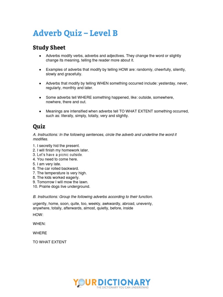Adverb Quiz - Level B: Study Sheet | PDF