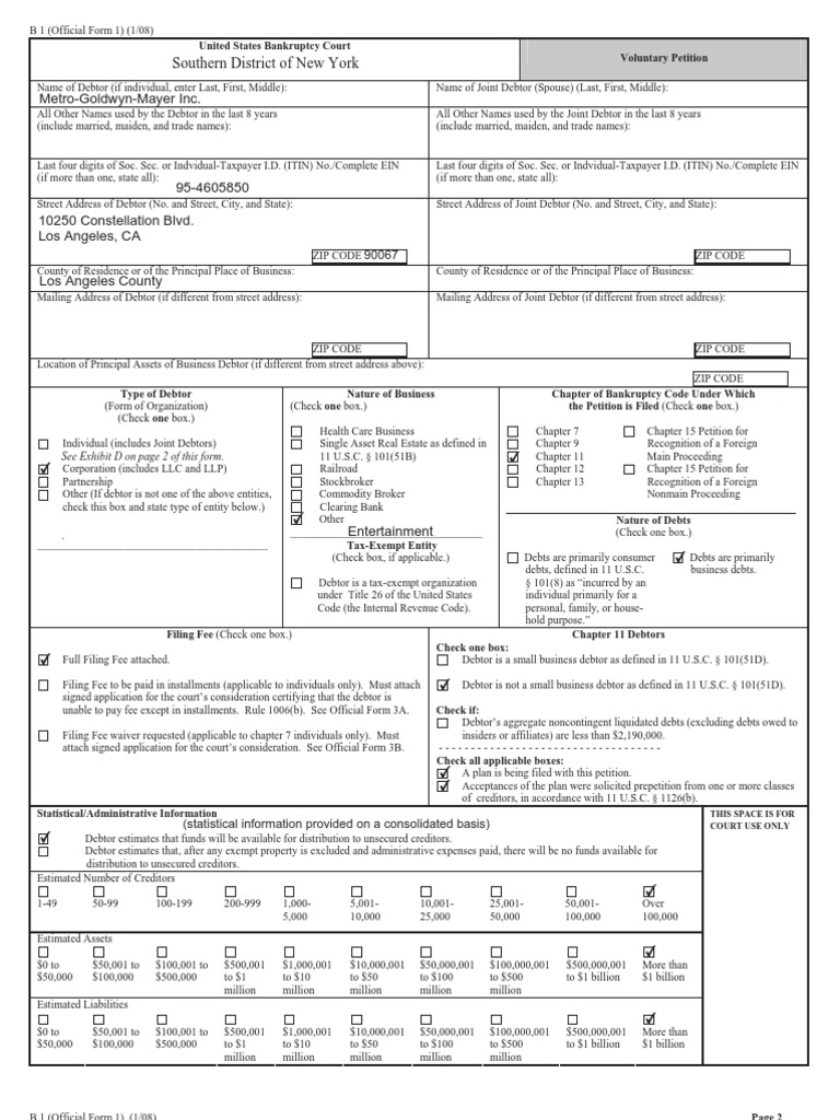 MGM Bankruptcy Voluntary Petition Form | PDF | Chapter 11 | Bankruptcy