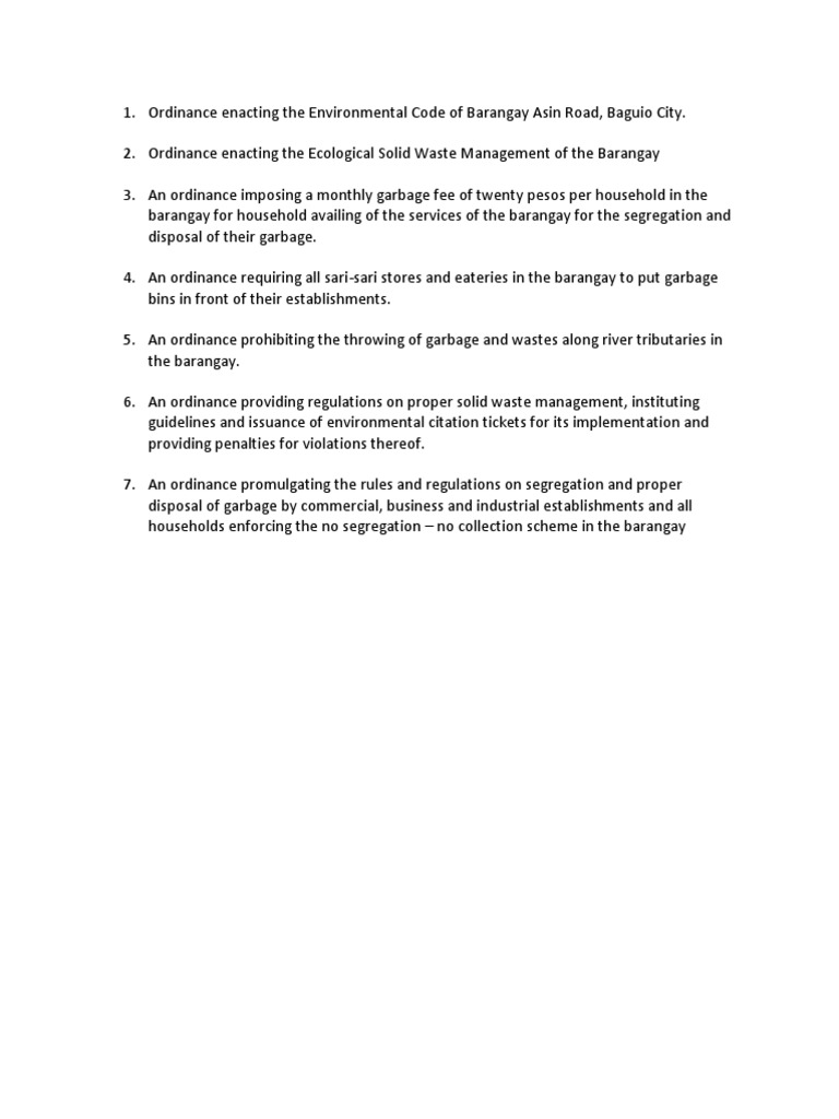 Ordinance Enacting The Environmental Code of Barangay Asin Road, Baguio ...