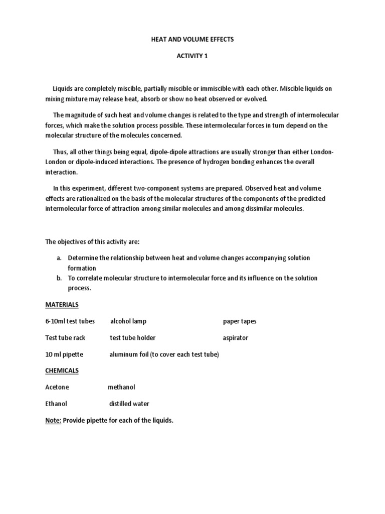 Heat and Volume Effects | PDF | Solution | Intermolecular Force