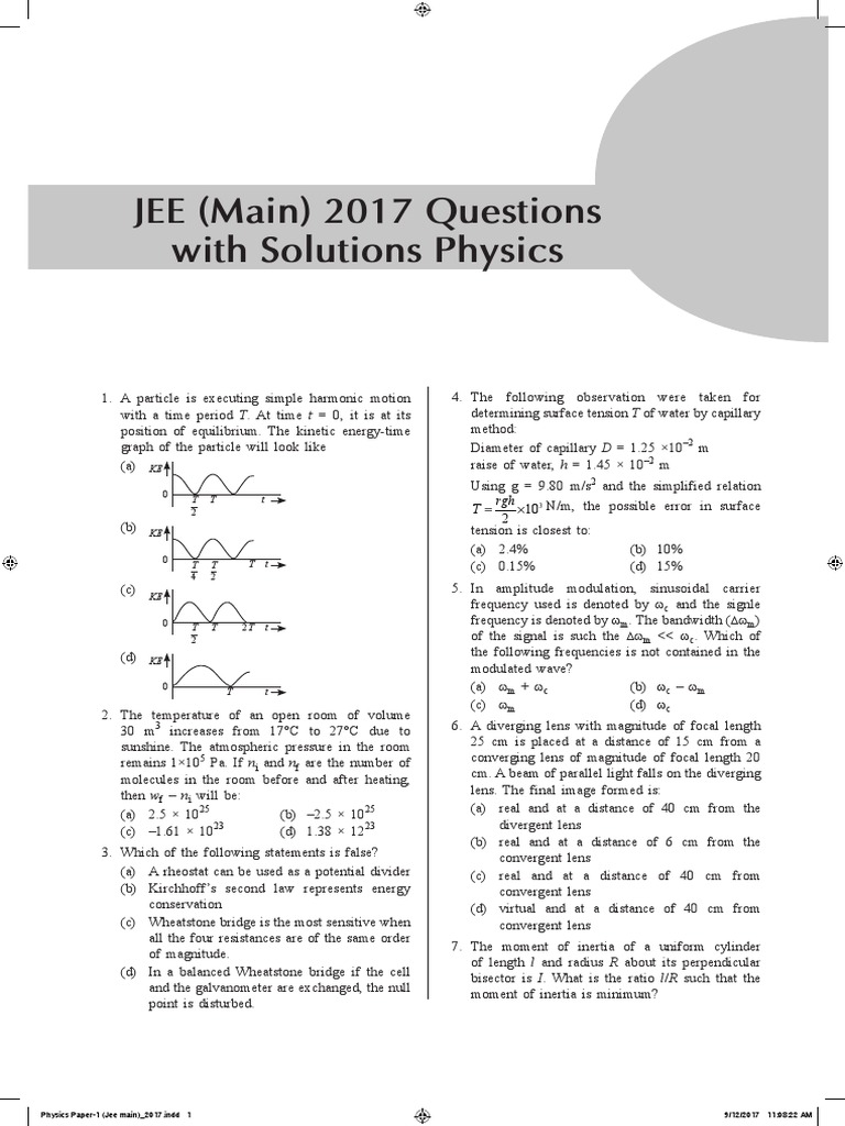 JEE (Main) 2017 Questions With Solutions Physics: RGH T | PDF | Torque ...
