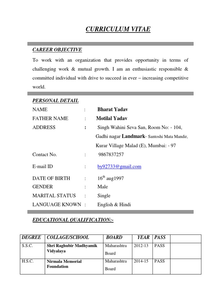 Curriculum Vitae: Career Objective | PDF