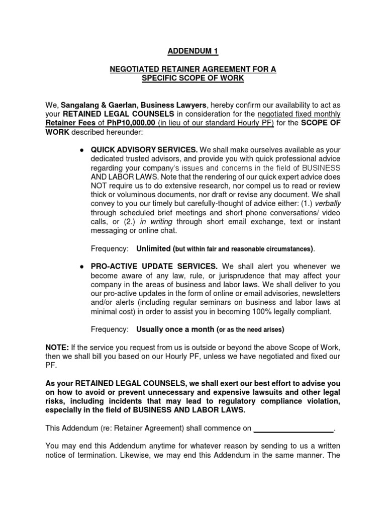 Retainer Agreement for Legal Services | PDF | Lawyer | Government ...