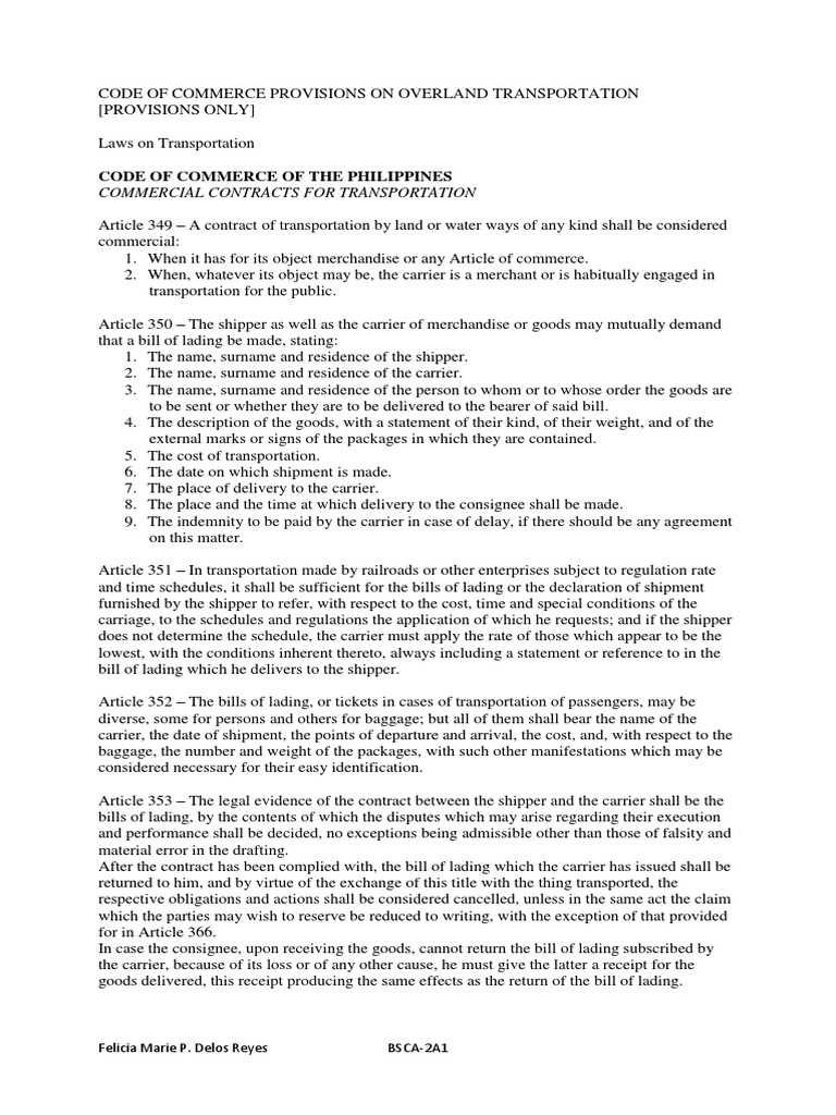 Code of Commerce Provisions On Overland Transportation | PDF | Marine ...